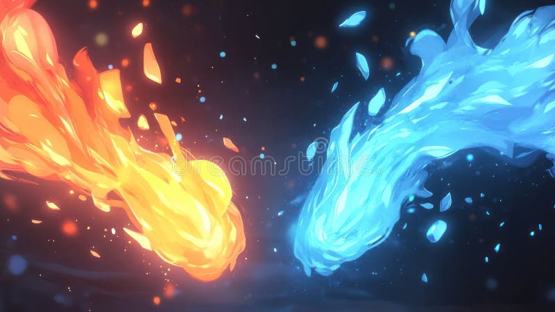 A Dynamic Clash of Orange and Blue Flames, Symbolizing Elemental Forces ...