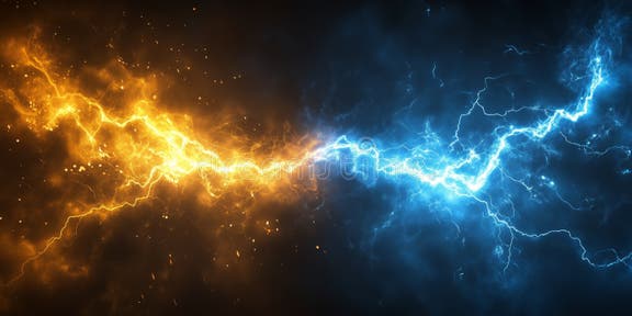 Dynamic Clash of Orange and Blue Lightning Bolts in a Dark Atmosphere ...