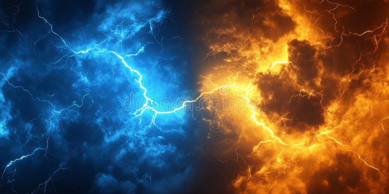 Dynamic Clash of Orange and Blue Lightning Bolts in a Dark Atmosphere ...