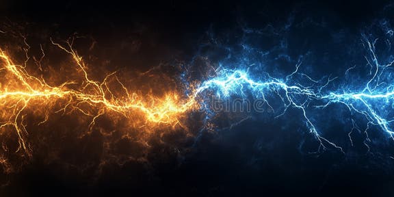 Dynamic Clash of Orange and Blue Lightning Bolts in a Dark Atmosphere ...