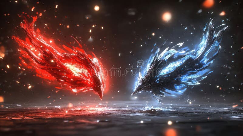 A Dynamic Clash of Red and Blue Elemental Birds, Symbolizing Conflict ...