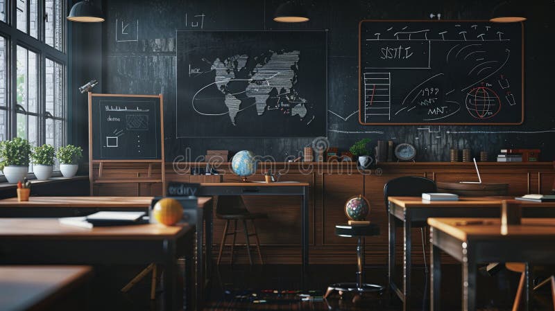 Vintage Classroom Interior Design Dark Wood Desks Chalkboard World Map ...