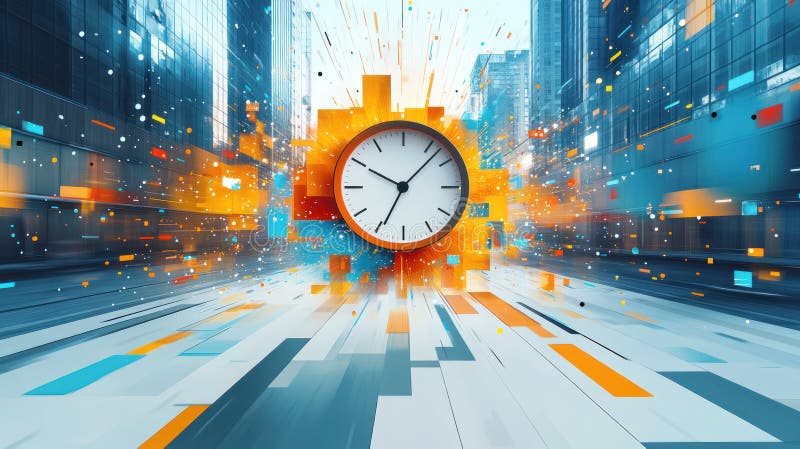 Dynamic Clock Surrounded by Vibrant Geometric Shapes Symbolizes Speed ...