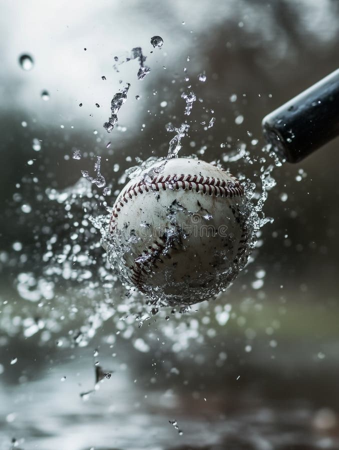 Dynamic Close-up of a Baseball Bat Hitting a Wet Baseball. Stock ...