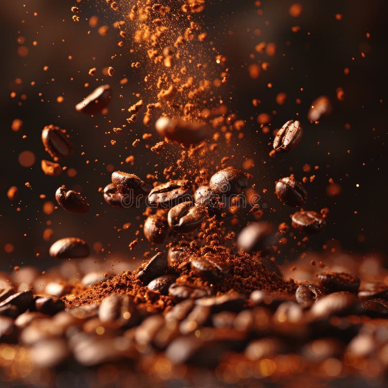 Dynamic CloseUp of Coffee Beans and Ground Coffee Exploding Against a ...
