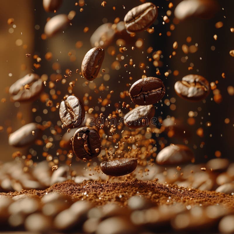 Dynamic CloseUp of Coffee Beans in MidAir with Ground Coffee Particles ...