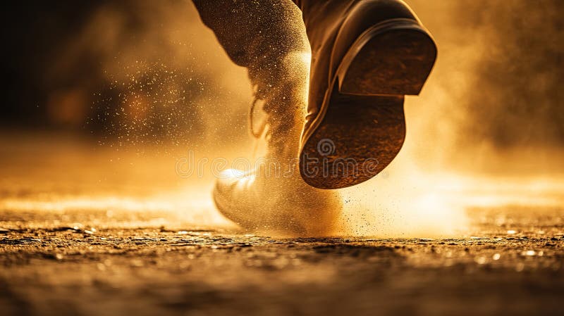 Dynamic Close-up of a Cowboy Boot Kicking Up Dust at Sunset Stock ...