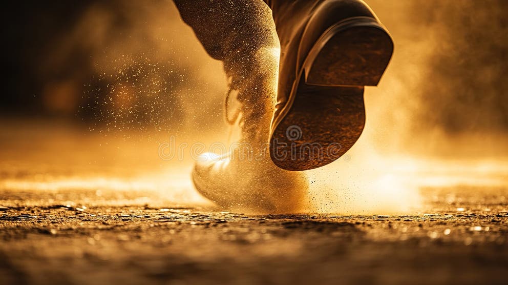 Dynamic Close-up of a Cowboy Boot Kicking Up Dust at Sunset Stock ...