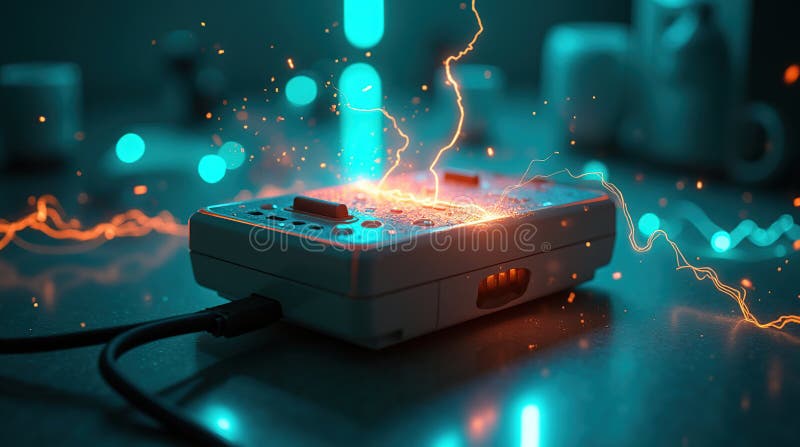 Dynamic Close-Up of a Defibrillator with Glowing Sparks and Energy ...