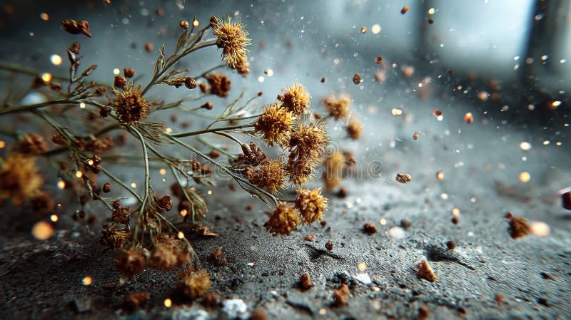 Dynamic Close-up of Dried Flowers and Debris in Motion with Dramatic ...