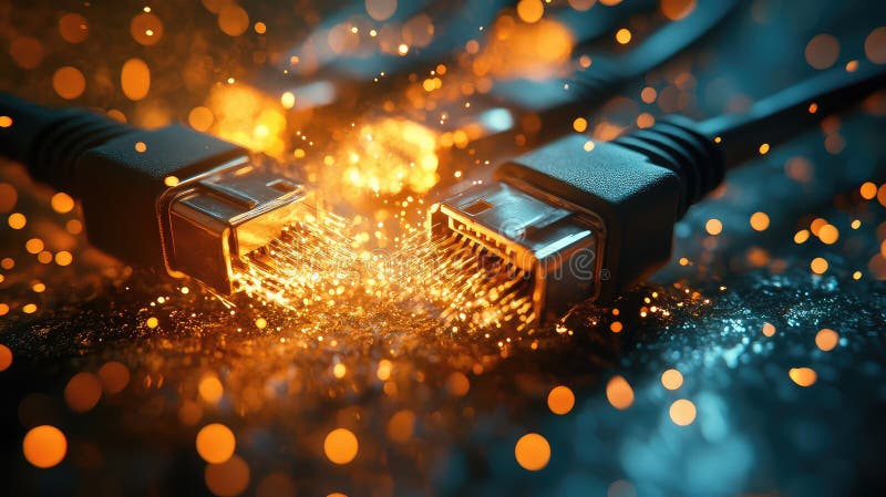 Dynamic Close-Up of Ethernet Cables with Sparks Flying at Connection ...