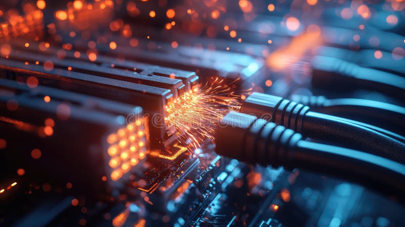 Dynamic Close-Up of Ethernet Cables with Sparks Flying at Connection ...
