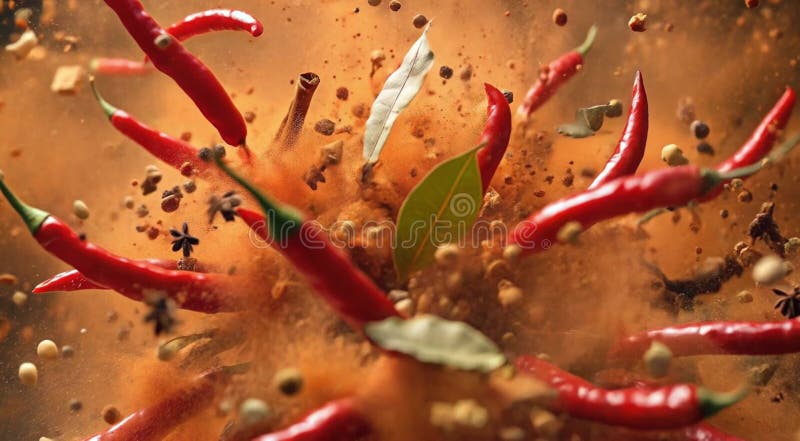 Dynamic Close Up Explosion of Red Chili Peppers and Spices in Vibrant ...