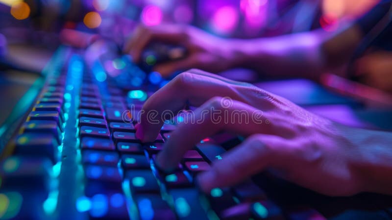 Dynamic Close Up of Hands Typing on a Glowing Mechanical Gaming ...