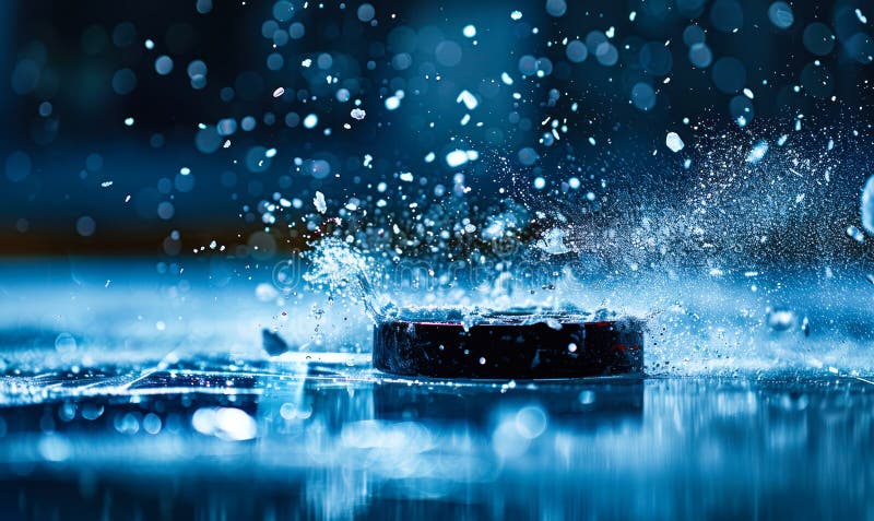 Dynamic Close-up of a Hockey Puck in Motion, Surrounded by Flying Ice ...