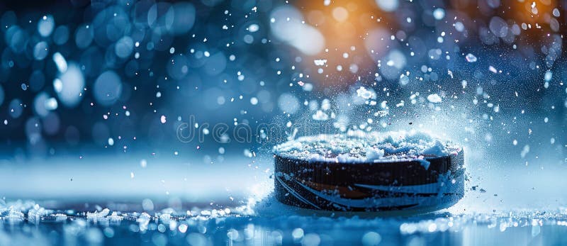 Dynamic Close-up of a Hockey Puck in Motion, Surrounded by Flying Ice ...