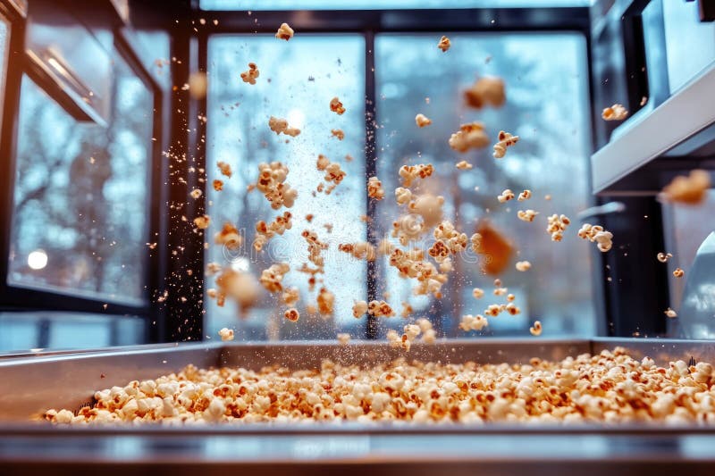 Dynamic Close-up of Popcorn Jumping in a Modern Kitchen Stock Image ...
