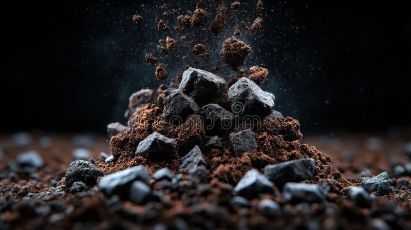 A Dynamic Close-up Shot of Dark Rocks and Soil Particles Captured in ...