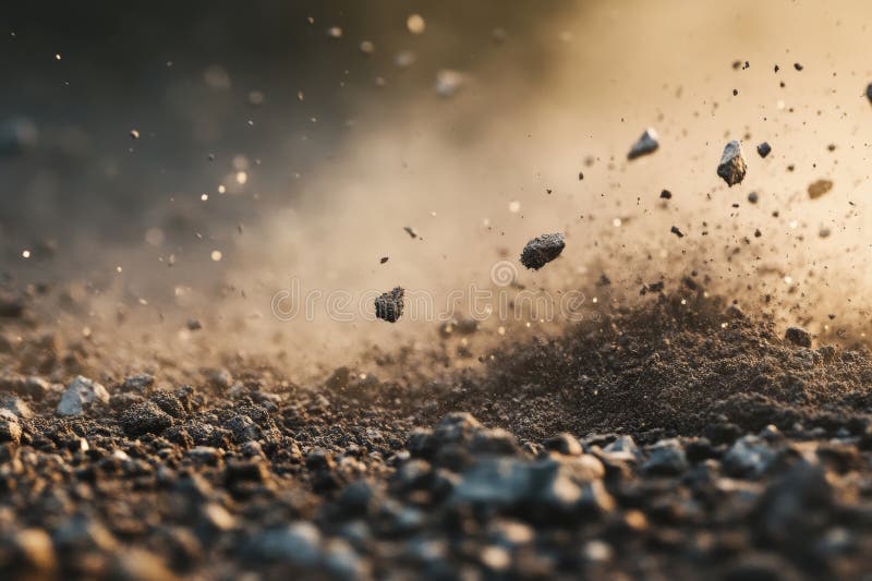 Dynamic Close Up of Soil and Rocks in Motion, Capturing Dust and ...