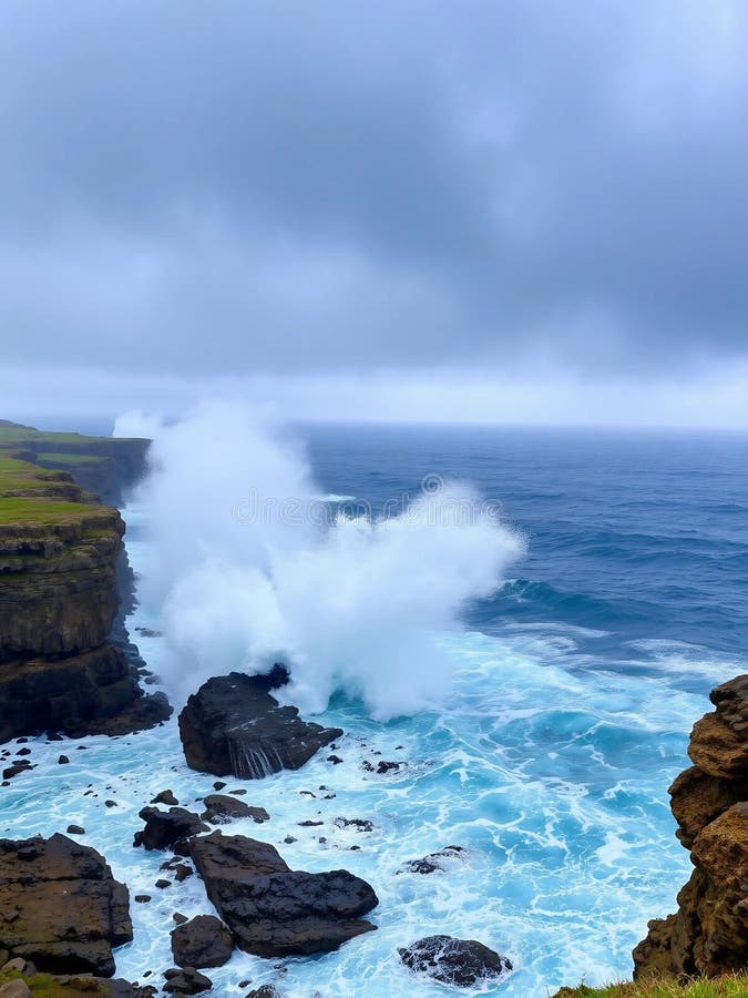 A Dynamic Coastal Scene Featuring Crashing Waves and Dramatic Clouds ...