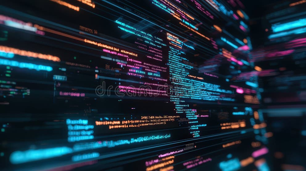 Dynamic Code Flow Visualization Digital Workspace Abstract Art Futuristic Environment Close-up ...
