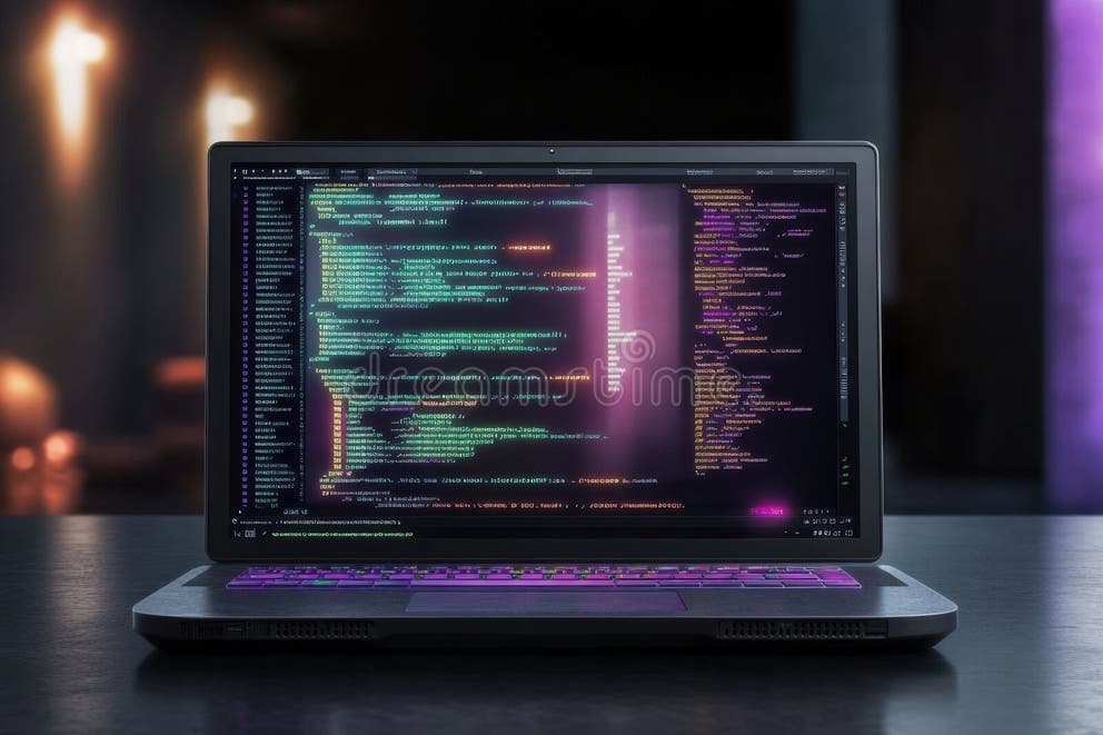 Dynamic Coding Session in a Modern Workspace with a Laptop Displaying Colorful Programming ...