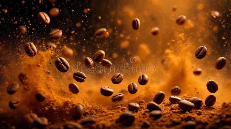 Dynamic Coffee Beans in Motion with Explosive Coffee Powder Background ...