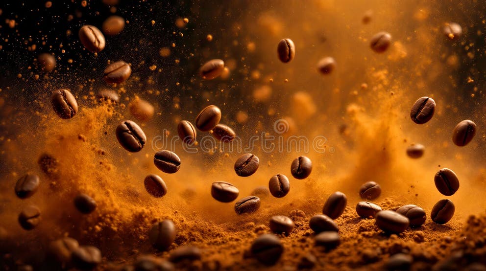 Dynamic Coffee Beans in Motion with Explosive Coffee Powder Background ...