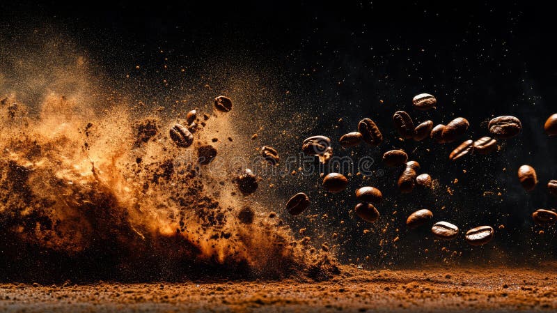 Dynamic Coffee Beans and Powder Explosion in a Dark Background Stock ...