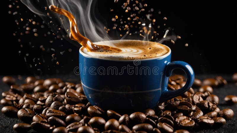 A Dynamic Coffee Splash in a Blue Cup Surrounded by Coffee Beans ...