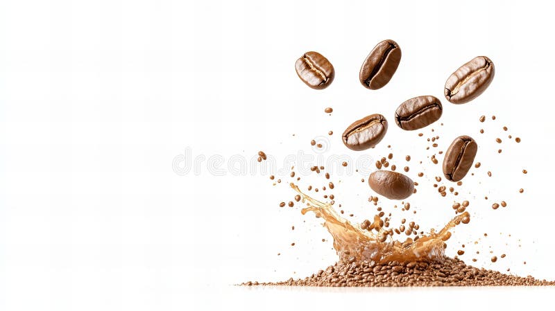 Dynamic Coffee Splash with Floating Beans and Granules Against White ...