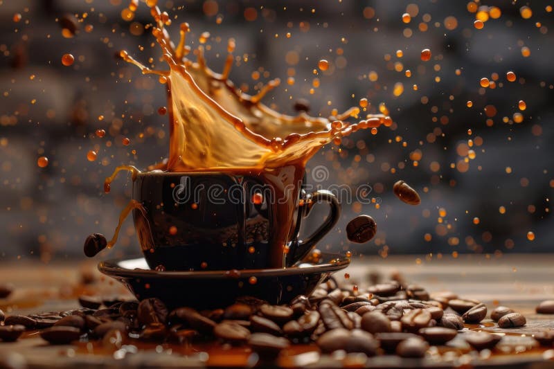Dynamic Coffee Splash with Flying Beans and Bokeh Effect, Capturing the ...