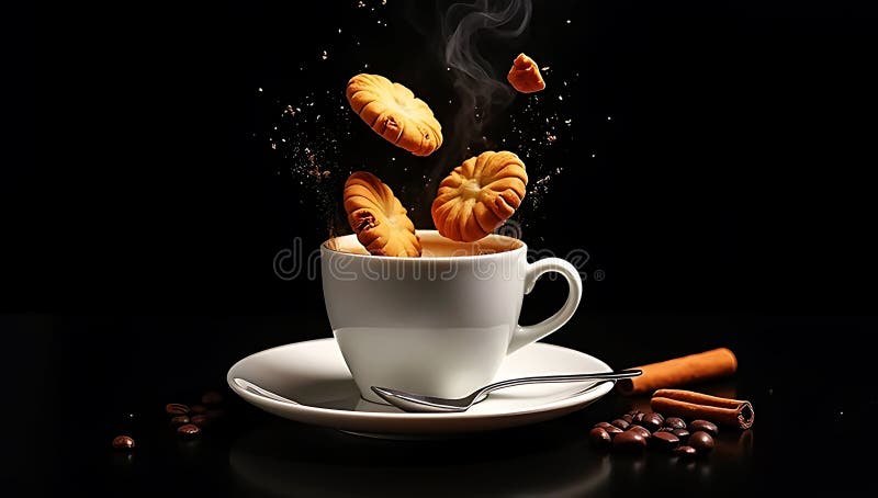 Dynamic Coffee Splash Photography Biscuits Falling into Steaming Cup ...