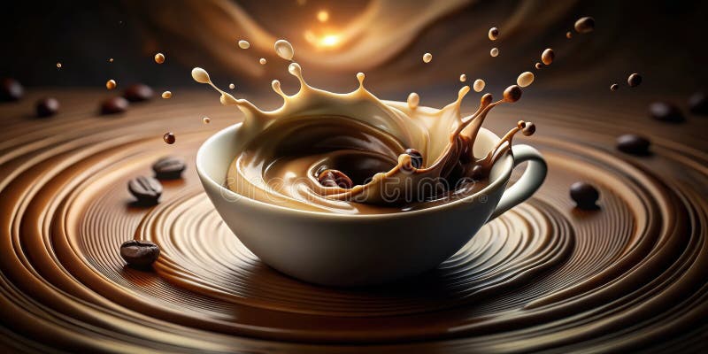 Dynamic Coffee Splash in a White Cup on a Swirling Brown Surface ...
