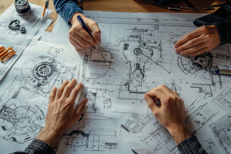 Hands of Professionals Collaborating Over Technical Drawings and ...