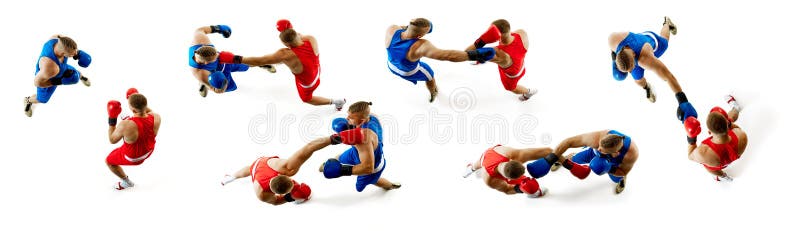 Dynamic Collage. Boxers Throwing Punches, Blocking, Attacking in High ...