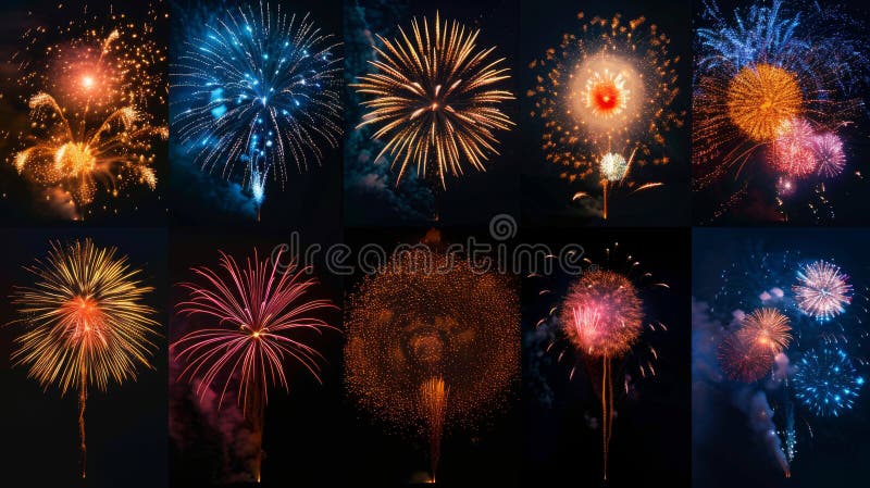 A Dynamic Collage of Colorful Firework Bursts Against a Dark Backdrop ...