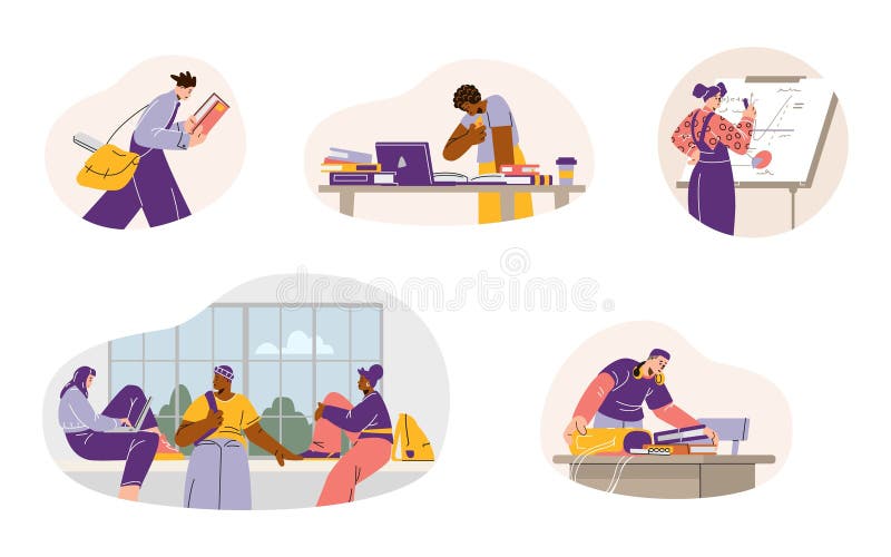Dynamic College Life and Study Vector Set Stock Vector - Illustration ...