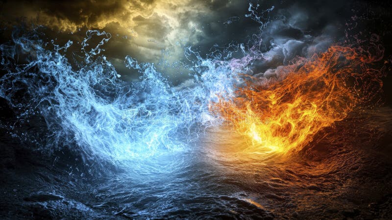 Dynamic Collision of Water and Fire Elements Ocean View Digital Art ...