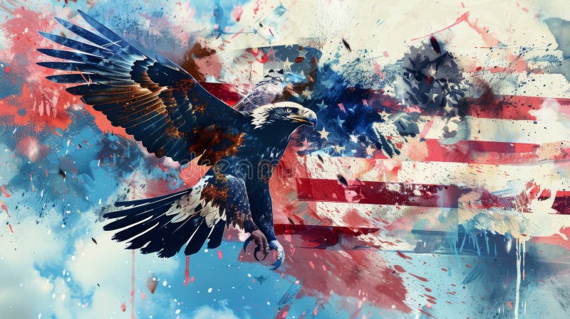 A Dynamic and Colorful Abstract Painting Featuring a Bald Eagle Soaring ...