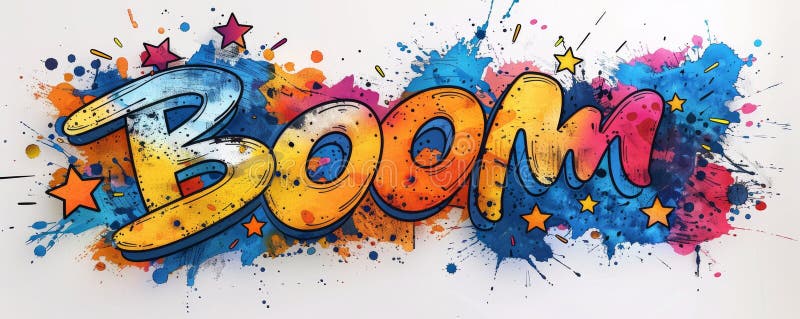 Colorful Comic Style Boom Text on Vibrant Splattered Background Stock ...