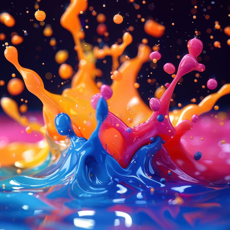 A Dynamic, Colorful Paint Splash with Interacting Droplets Creating a ...