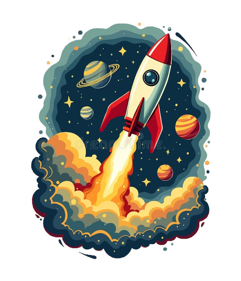 Retro Space Rocket and Planets Vector Art for Digital and Print Use ...
