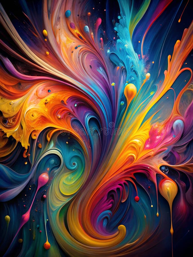 Dynamic Colorful Splashes and Fluid Strokes on Black Backdrop Stock ...