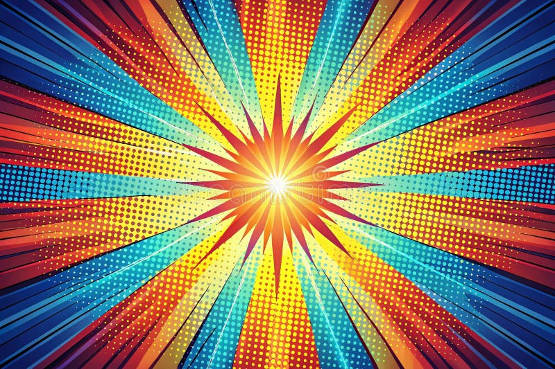 Dynamic Comic Book Background Design with Radial Rays Halftone Dots and ...