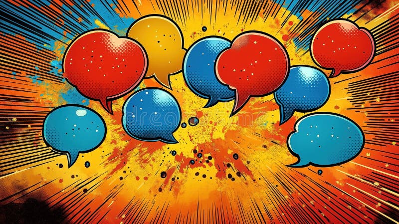 Dynamic Comic Book Speech Bubbles in Vibrant Colors Explode on Orange ...