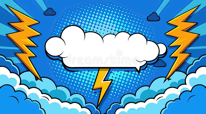Dynamic Comic Book Style Blue Background with Cloud and Lightning Bolts ...