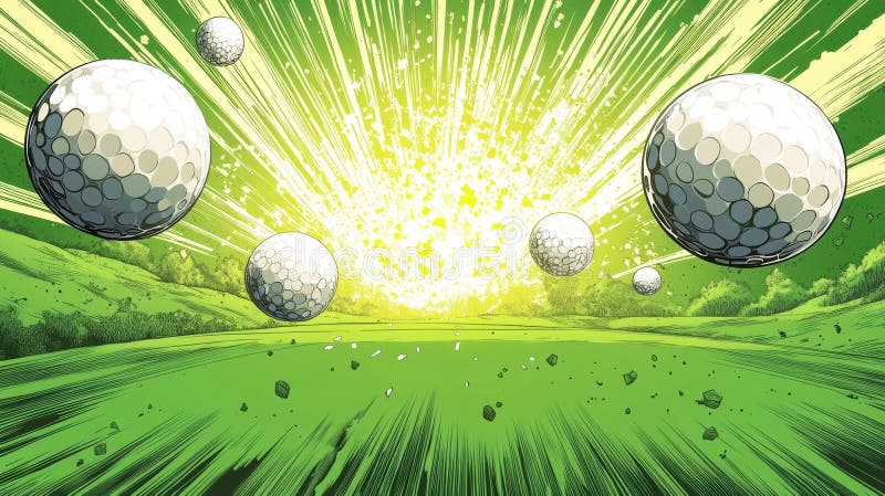 Dynamic Comic Book-style Golf Scene with Exploding Energy and Flying Golf Balls Stock Image ...