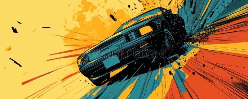 Dynamic Comic Book-style Illustration of a Car Exploding with Vibrant ...