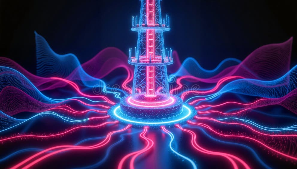 Dynamic Communication Tower Emitting 5G Energy Waves, Modern ...